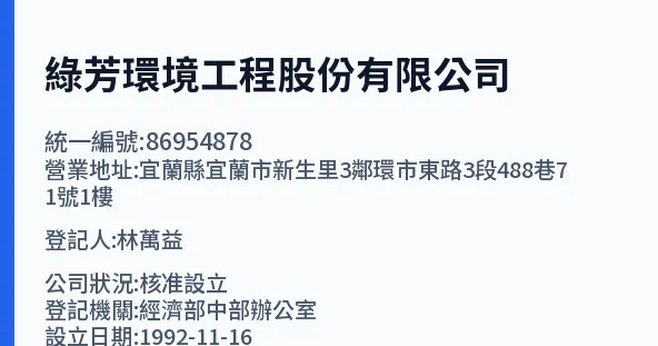 綠芳環境工程股份有限公司的照片-統編 86954878(宜蘭縣) 公司登記資料與營業項目詳細圖表