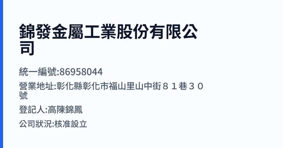 錦發金屬工業股份有限公司 - 統編 86958044(彰化縣) 公司登記資料與營業項目詳細圖表