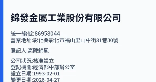 錦發金屬工業股份有限公司的照片-統編 86958044(彰化縣) 公司登記資料與營業項目詳細圖表