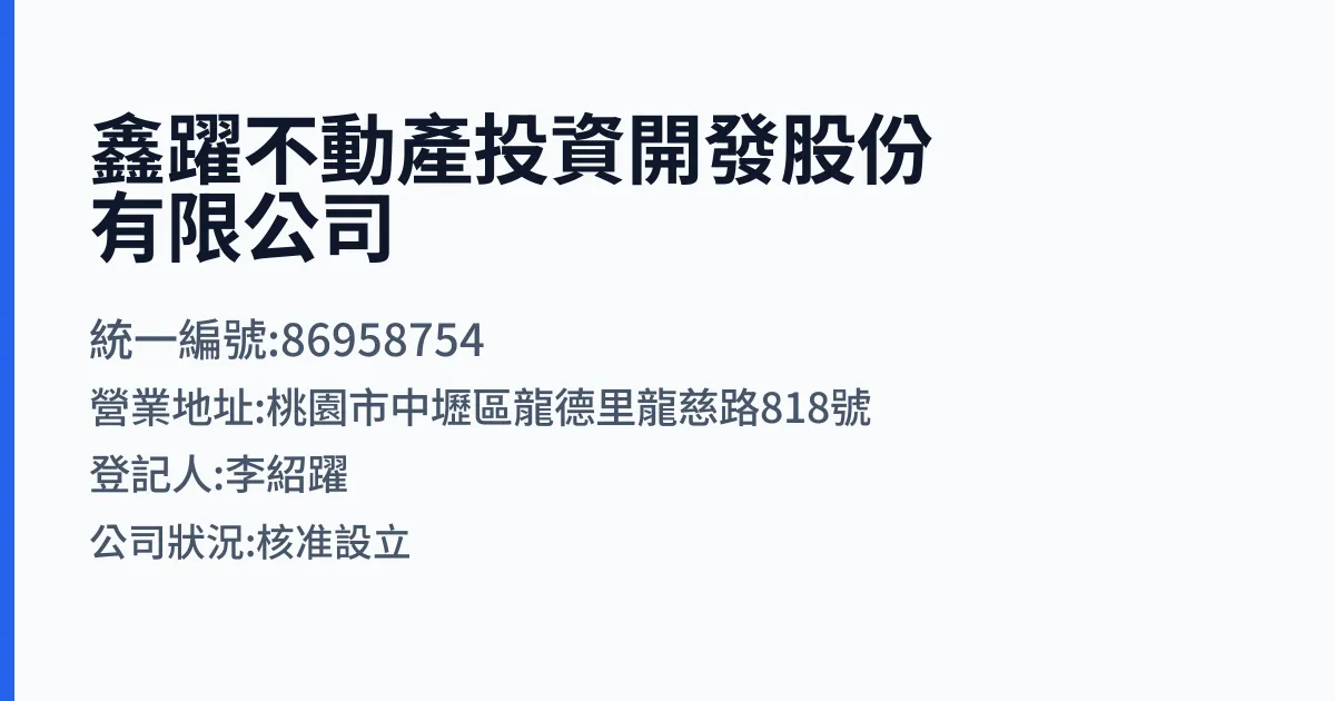 鑫躍不動產投資開發股份有限公司 - 統編 86958754(桃園市) 公司登記資料與營業項目詳細圖表