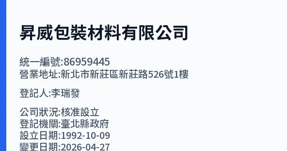 昇威包裝材料有限公司的照片-統編 86959445(新北市) 公司登記資料與營業項目詳細圖表