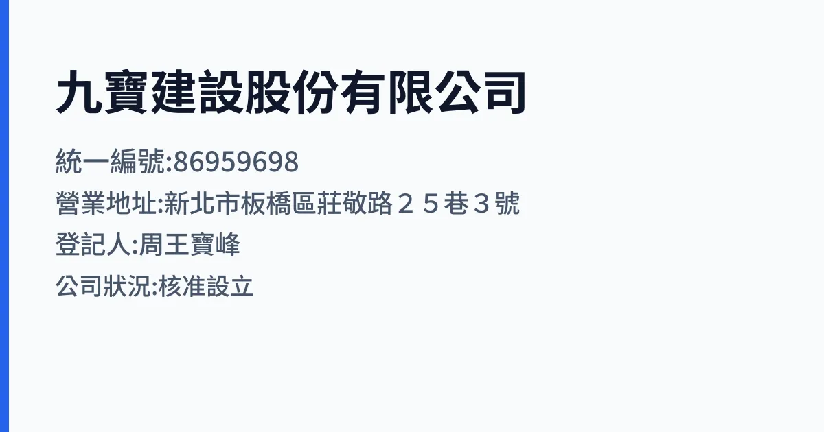九寶建設股份有限公司 - 統編 86959698(新北市) 公司登記資料與營業項目詳細圖表