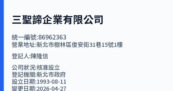 三聖諦企業有限公司的照片-統編 86962363(新北市) 公司登記資料與營業項目詳細圖表
