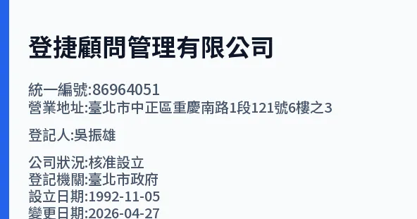 登捷顧問管理有限公司的照片-統編 86964051(臺北市) 公司登記資料與營業項目詳細圖表