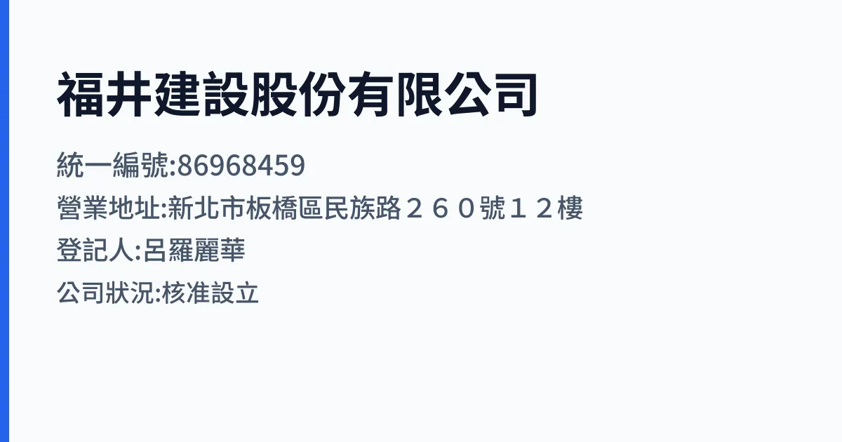 福井建設股份有限公司 - 統編 86968459(新北市) 公司登記資料與營業項目詳細圖表
