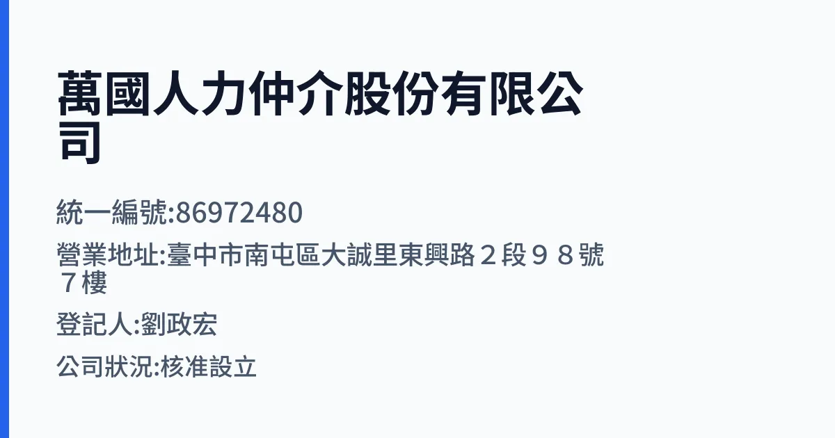 萬國人力仲介股份有限公司 - 統編 86972480(臺中市) 公司登記資料與營業項目詳細圖表