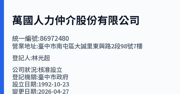 萬國人力仲介股份有限公司的照片-統編 86972480(臺中市) 公司登記資料與營業項目詳細圖表