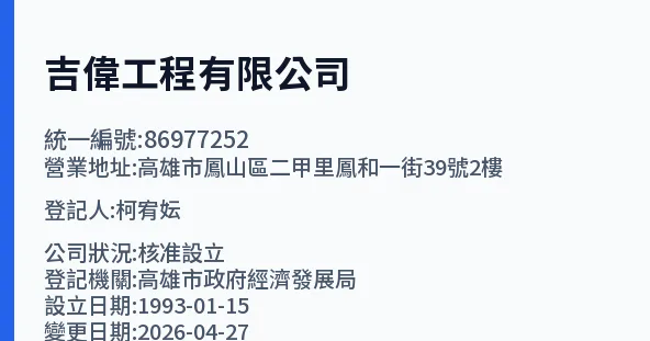 吉偉工程有限公司的照片-統編 86977252(高雄市) 公司登記資料與營業項目詳細圖表