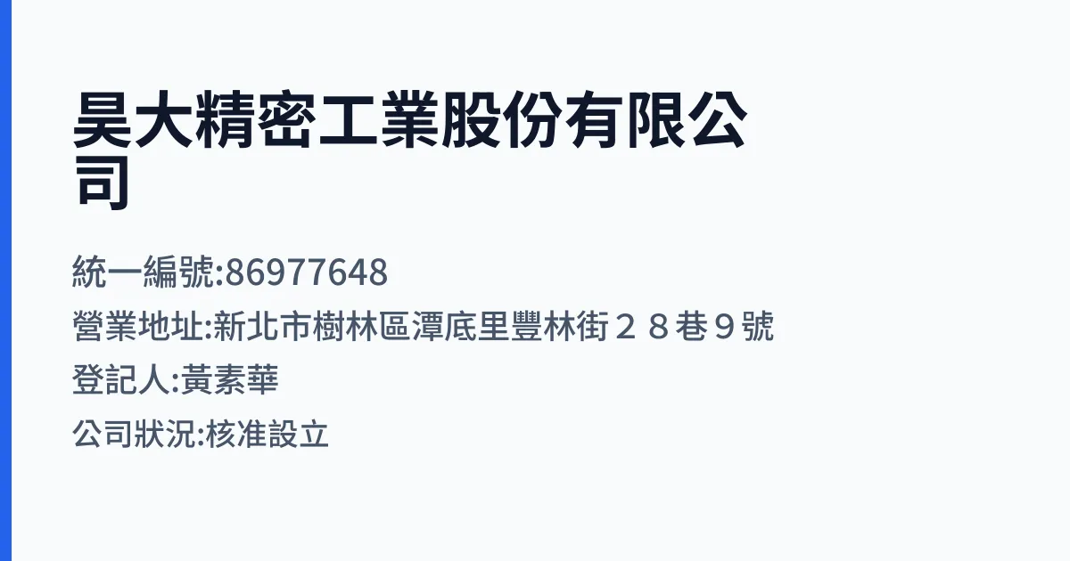 昊大精密工業股份有限公司 - 統編 86977648(新北市) 公司登記資料與營業項目詳細圖表