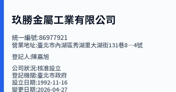玖勝金屬工業有限公司的照片-統編 86977921(臺北市) 公司登記資料與營業項目詳細圖表