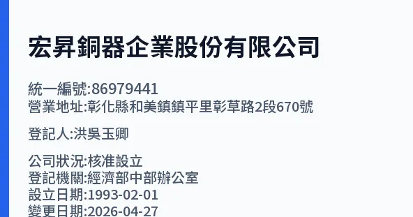 宏昇銅器企業股份有限公司的照片-統編 86979441(彰化縣) 公司登記資料與營業項目詳細圖表