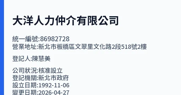 大洋人力仲介有限公司的照片-統編 86982728(新北市) 公司登記資料與營業項目詳細圖表