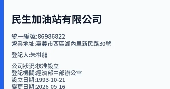 民生加油站有限公司的照片-統編 86986822(嘉義市) 公司登記資料與營業項目詳細圖表