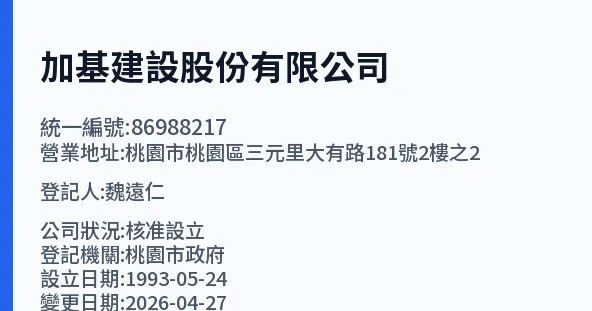 加基建設股份有限公司的照片-統編 86988217(桃園市) 公司登記資料與營業項目詳細圖表