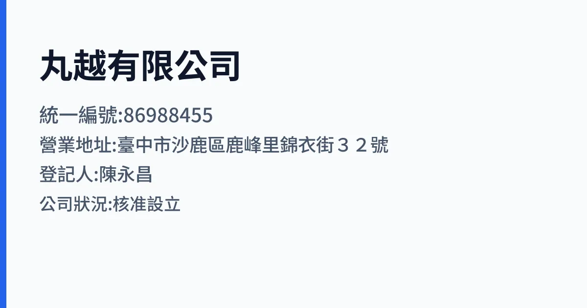 丸越有限公司 - 統編 86988455(臺中市) 公司登記資料與營業項目詳細圖表