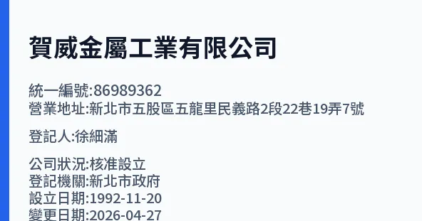 賀威金屬工業有限公司的照片-統編 86989362(新北市) 公司登記資料與營業項目詳細圖表