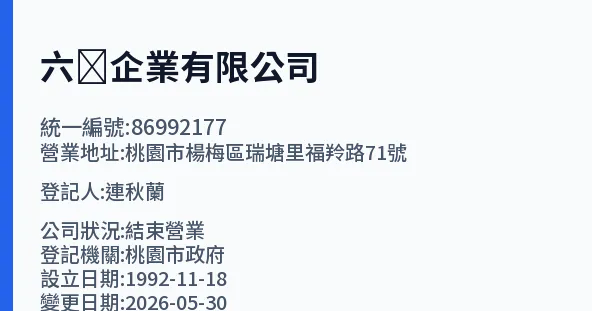 六企業有限公司的照片-統編 86992177(桃園市) 公司登記資料與營業項目詳細圖表