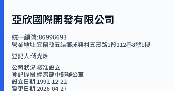 亞欣國際開發有限公司的照片-統編 86996693(宜蘭縣) 公司登記資料與營業項目詳細圖表