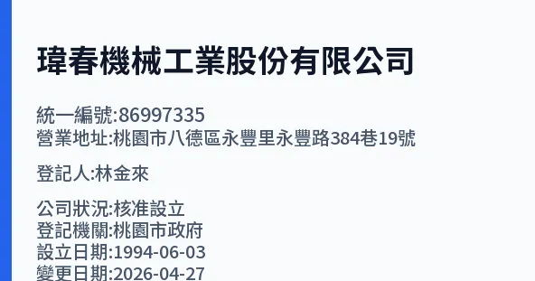 瑋春機械工業股份有限公司的照片-統編 86997335(桃園市) 公司登記資料與營業項目詳細圖表
