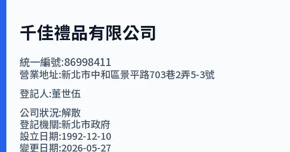 千佳禮品有限公司的照片-統編 86998411(新北市) 公司登記資料與營業項目詳細圖表