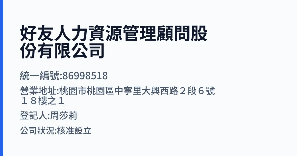 好友人力資源管理顧問股份有限公司 - 統編 86998518(桃園市) 公司登記資料與營業項目詳細圖表
