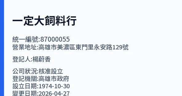 一定大飼料行的照片-統編 87000055(高雄市) 公司登記資料與營業項目詳細圖表