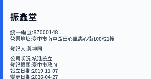 振鑫堂的照片-統編 87000148(臺中市) 公司登記資料與營業項目詳細圖表