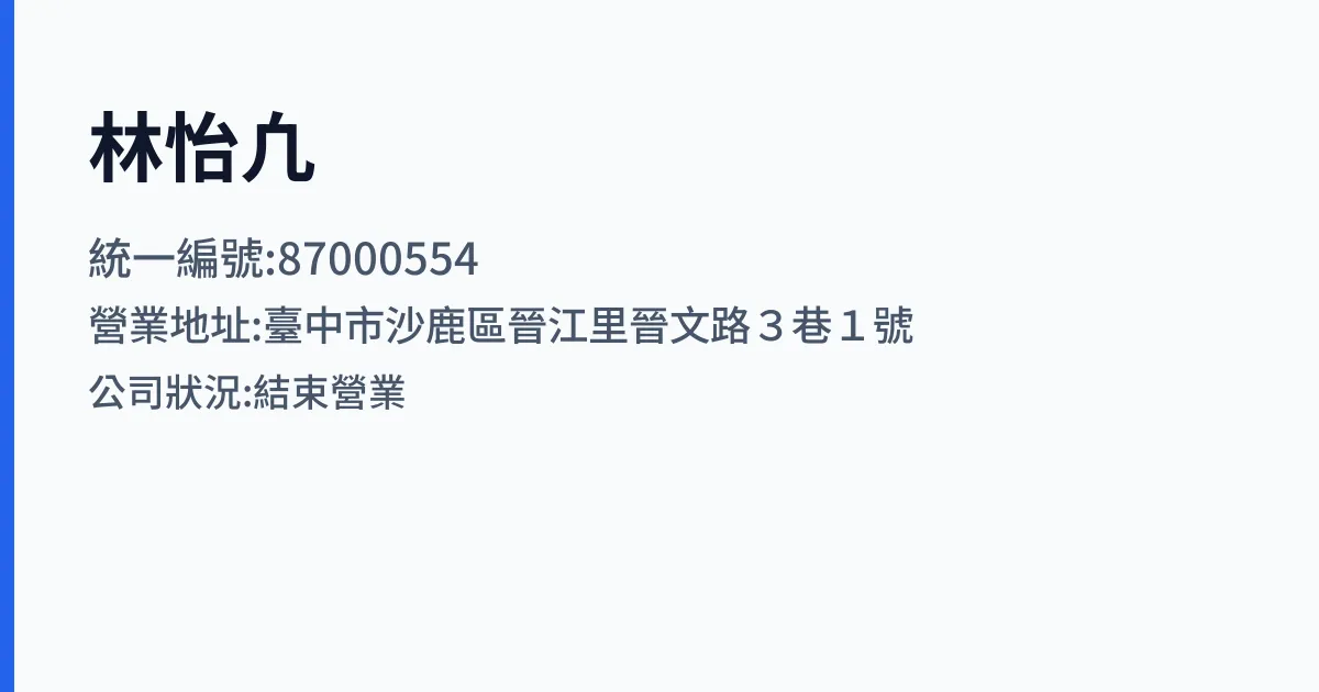 林怡凢 - 統編 87000554(臺中市) 公司登記資料與營業項目詳細圖表