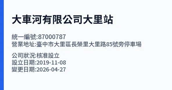 大車河有限公司大里站的照片-統編 87000787(臺中市) 公司登記資料與營業項目詳細圖表