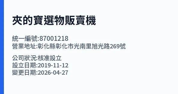 夾的寶選物販賣機的照片-統編 87001218(彰化縣) 公司登記資料與營業項目詳細圖表