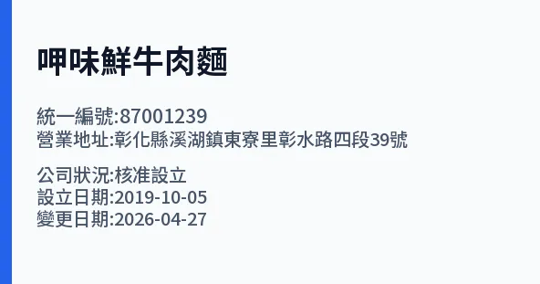 呷味鮮牛肉麵的照片-統編 87001239(彰化縣) 公司登記資料與營業項目詳細圖表