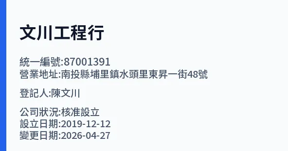 文川工程行的照片-統編 87001391(南投縣) 公司登記資料與營業項目詳細圖表