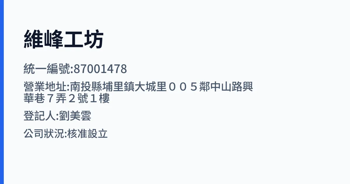 維峰工坊 - 統編 87001478(南投縣) 公司登記資料與營業項目詳細圖表