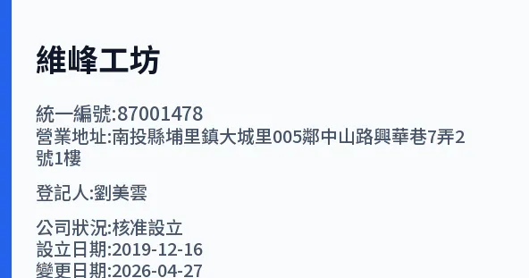 維峰工坊的照片-統編 87001478(南投縣) 公司登記資料與營業項目詳細圖表