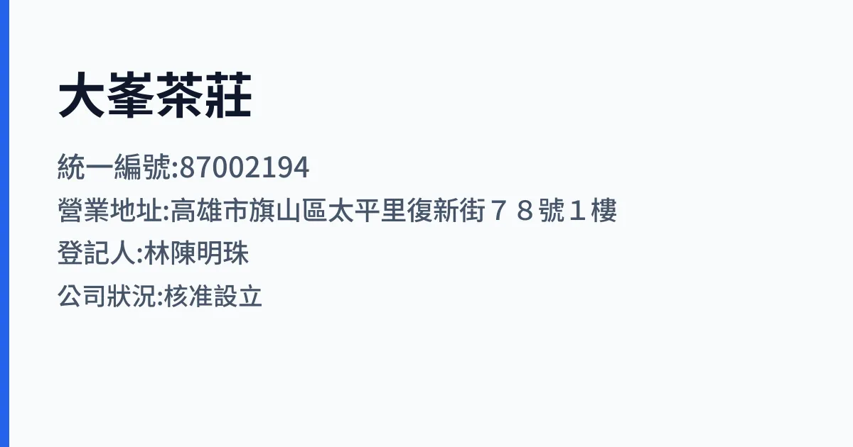 大峯茶莊 - 統編 87002194(高雄市) 公司登記資料與營業項目詳細圖表