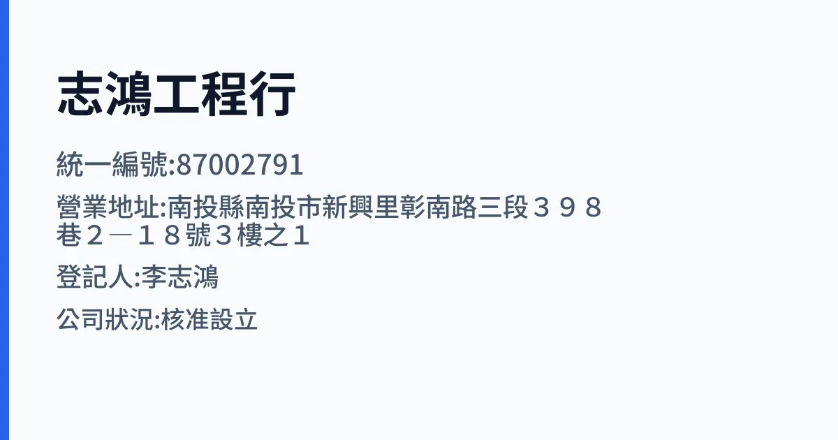 志鴻工程行 - 統編 87002791(南投縣) 公司登記資料與營業項目詳細圖表