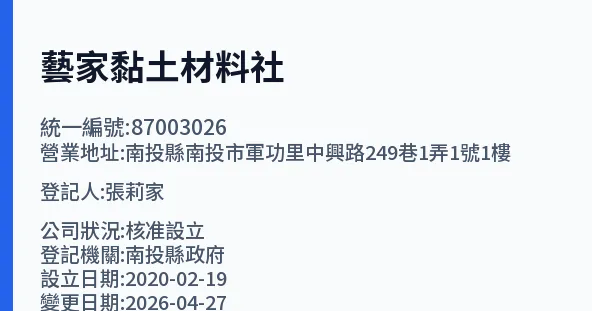 藝家黏土材料社的照片-統編 87003026(南投縣) 公司登記資料與營業項目詳細圖表