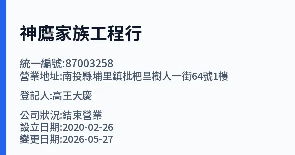 神鷹家族工程行的照片-統編 87003258(南投縣) 公司登記資料與營業項目詳細圖表