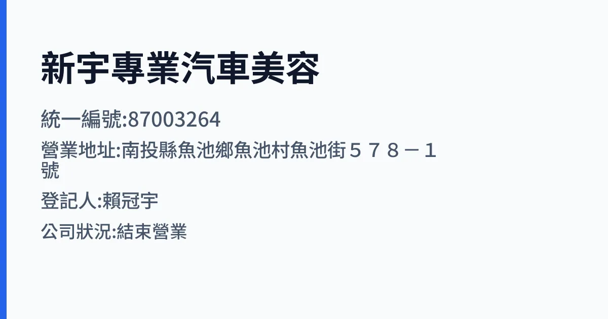 新宇專業汽車美容 - 統編 87003264(南投縣) 公司登記資料與營業項目詳細圖表