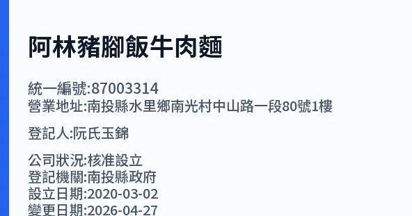 阿林豬腳飯牛肉麵的照片-統編 87003314(南投縣) 公司登記資料與營業項目詳細圖表