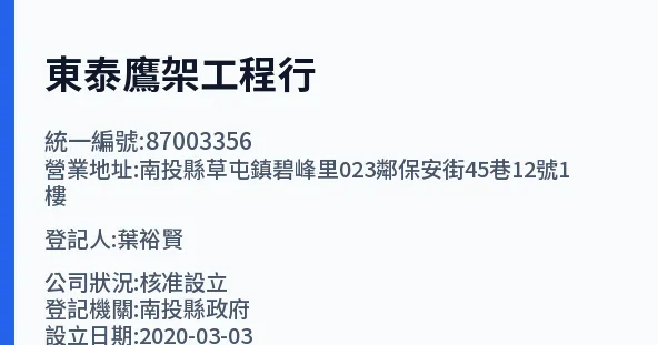 東泰鷹架工程行的照片-統編 87003356(南投縣) 公司登記資料與營業項目詳細圖表