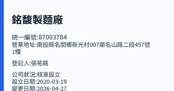 銘馥製麵廠的照片-統編 87003784(南投縣) 公司登記資料與營業項目詳細圖表