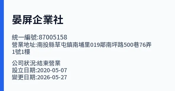 晏屏企業社的照片-統編 87005158(南投縣) 公司登記資料與營業項目詳細圖表