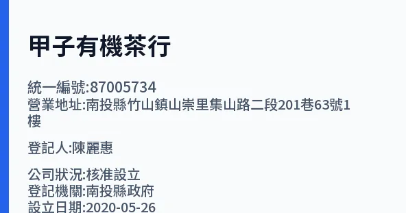 甲子有機茶行的照片-統編 87005734(南投縣) 公司登記資料與營業項目詳細圖表