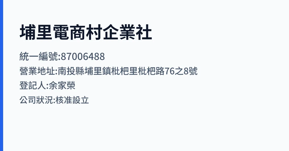 埔里電商村企業社 - 統編 87006488(南投縣) 公司登記資料與營業項目詳細圖表