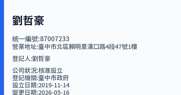 劉哲豪的照片-統編 87007233(臺中市) 公司登記資料與營業項目詳細圖表