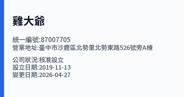 雞大爺的照片-統編 87007705(臺中市) 公司登記資料與營業項目詳細圖表
