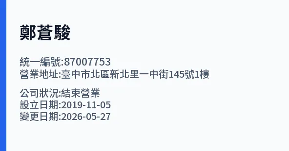 鄭蒼駿的照片-統編 87007753(臺中市) 公司登記資料與營業項目詳細圖表