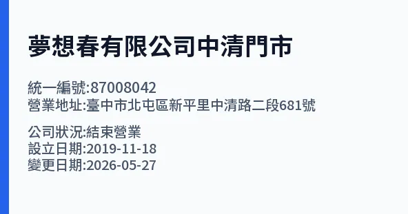 夢想春有限公司中清門市的照片-統編 87008042(臺中市) 公司登記資料與營業項目詳細圖表