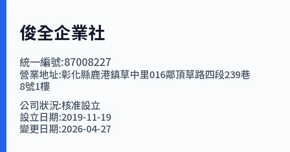 俊全企業社的照片-統編 87008227(彰化縣) 公司登記資料與營業項目詳細圖表